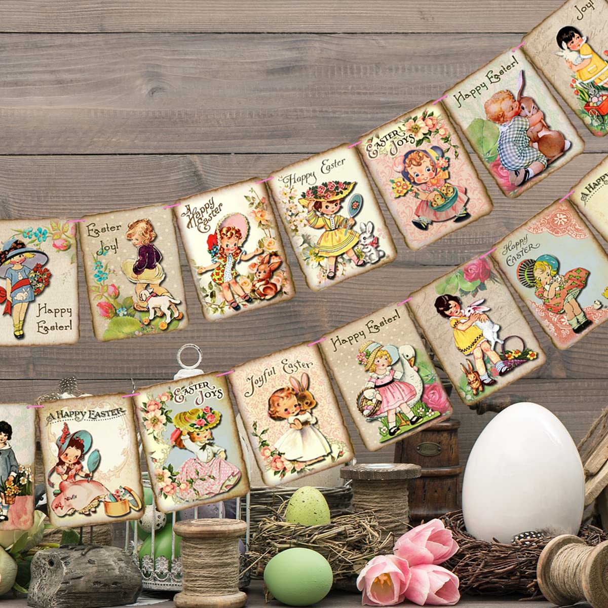 Vintage Easter Banner-Happy Easter Garland for Fireplace Vintage Easter Decorations Spring Rabbit Bunny Bunting for Easter Party Supplies
