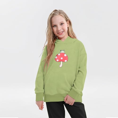 CM C&M WODRO Girls Sweatshirt Kawaii Frog Hoodie Cute Mushroom Long Sleeve Pullover Tops Kids Aesthetic Fall Winter Clothes(Olive green,11-12Y)