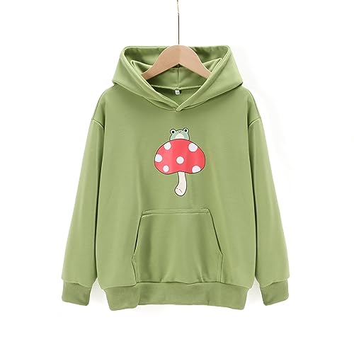 CM C&M WODRO Girls Sweatshirt Kawaii Frog Hoodie Cute Mushroom Long Sleeve Pullover Tops Kids Aesthetic Fall Winter Clothes(Olive green,11-12Y)