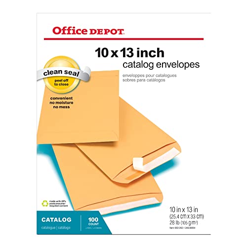 Office Depot Clean Seal(TM) Catalog Envelopes, 10in. x 13in., 20% Recycled, Brown, Pack Of 100, 77927