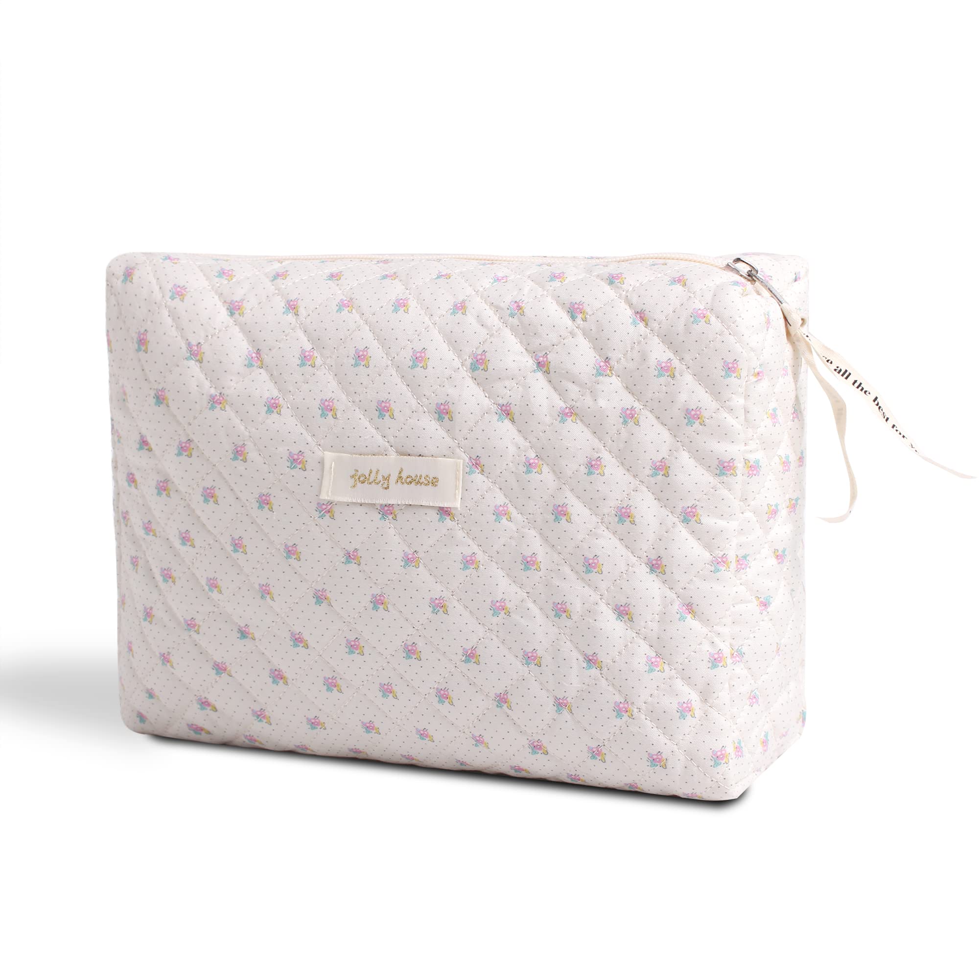 Dalulu Kawaii Floral Makeup Bag Coquette Aesthetic Cosmetic Bag Large Travel Make up Organizer Cute Pouch Cotton Quilted Toiletry Bag for Women Girls Kawaii Stuff (M-Beige Flowers)