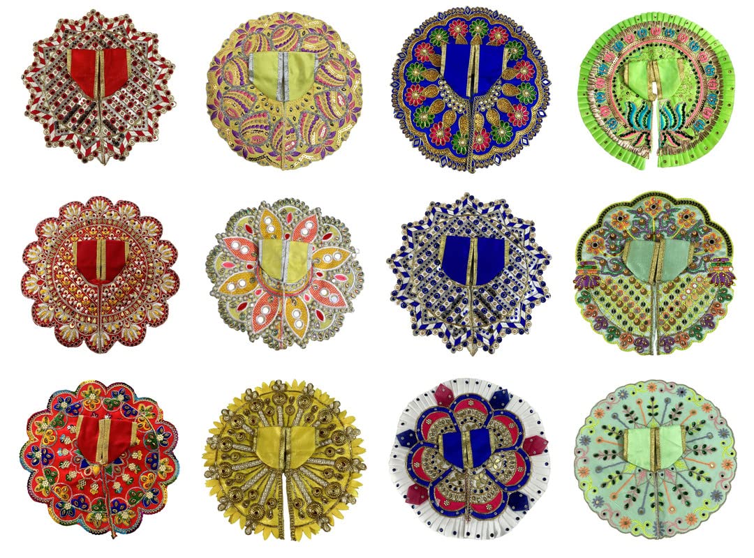 (3 No Size) Premium Colorful Embroidery Dress for Laddu Gopal Ji (Pack of 12) with 4 Zari Mukut, 4 Stone Mala, 4 Pair Kangan, 4 Flute | 7 inch Diameter Dress |F5
