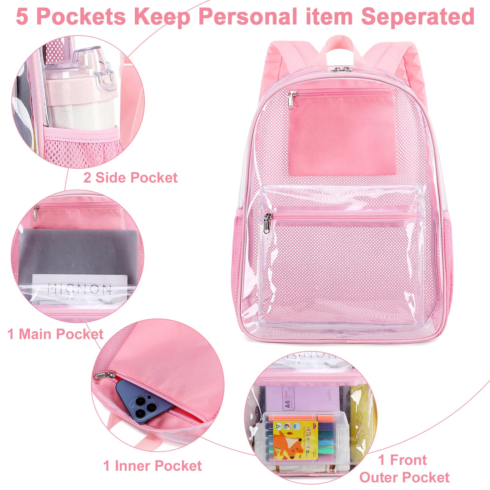 BTOOP Clear Backpack for School Kids Girls with Clear Lunch Box Large See Through Book Bags Heavy Duty Transparent Plastic Backpacks for Teens Women Work Stadium