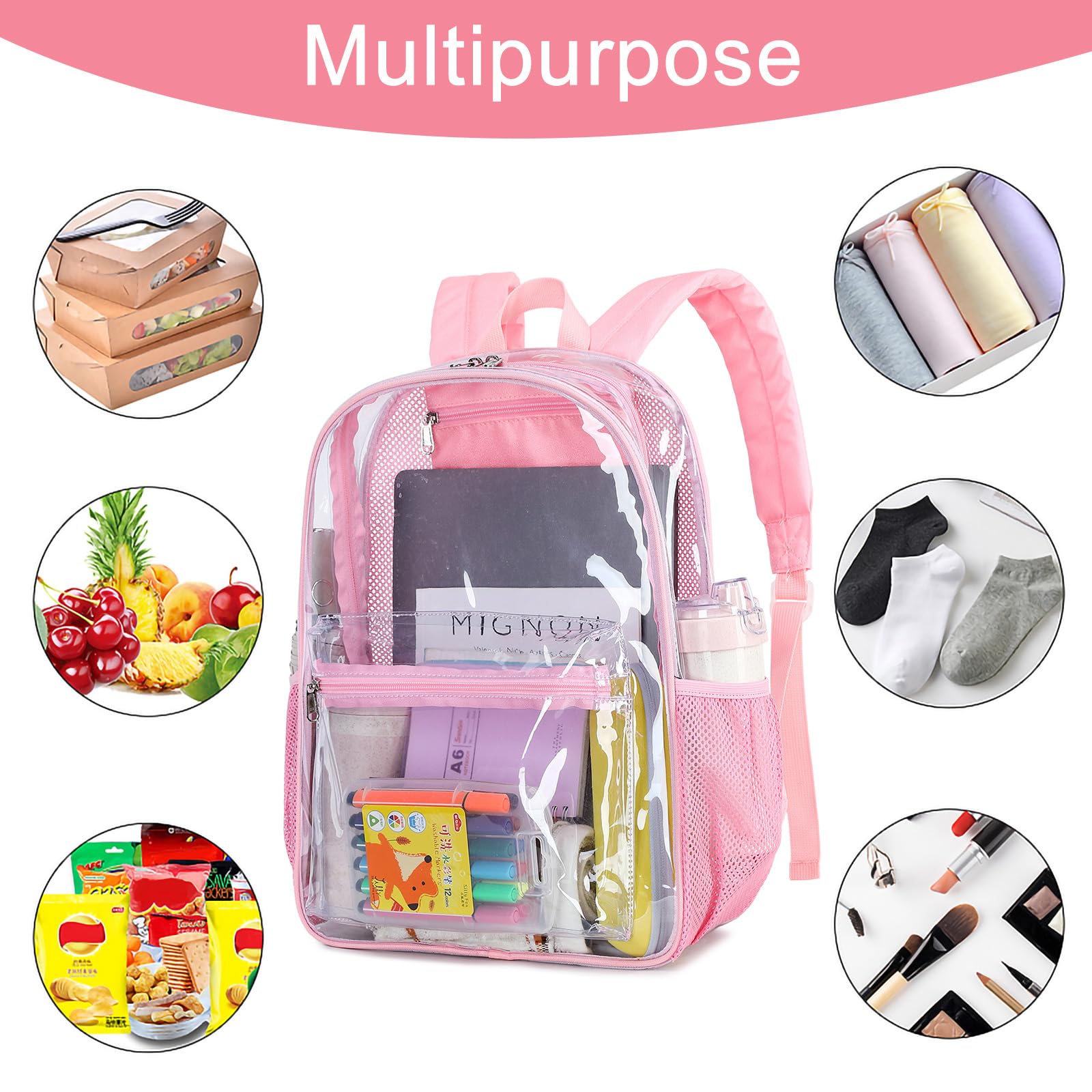 BTOOP Clear Backpack for School Kids Girls with Clear Lunch Box Large See Through Book Bags Heavy Duty Transparent Plastic Backpacks for Teens Women Work Stadium