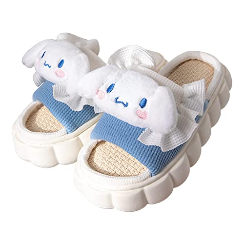FUDEXING Kawaii Slippers For Women Fuzzy Cute Cartoon Shoes Warm Soft Sole Non-Slip Lightweight Slippers Linen Home Slippers (39-40), Blue, 8-8.5 Women/6.5-7 Men