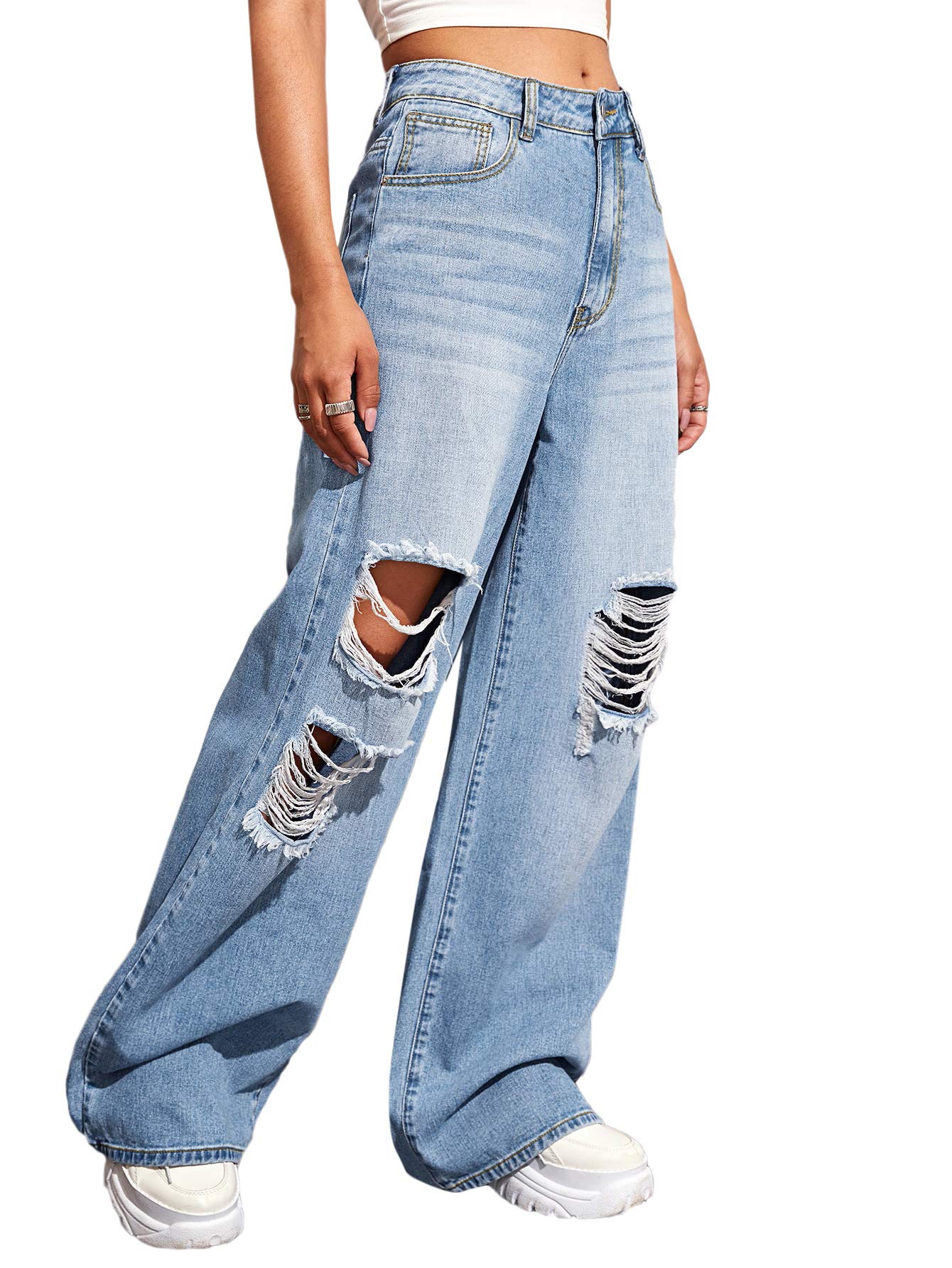 SweatyRocks Women's Casual Loose Ripped Denim Pants Distressed Wide Leg Jeans Light Blue L