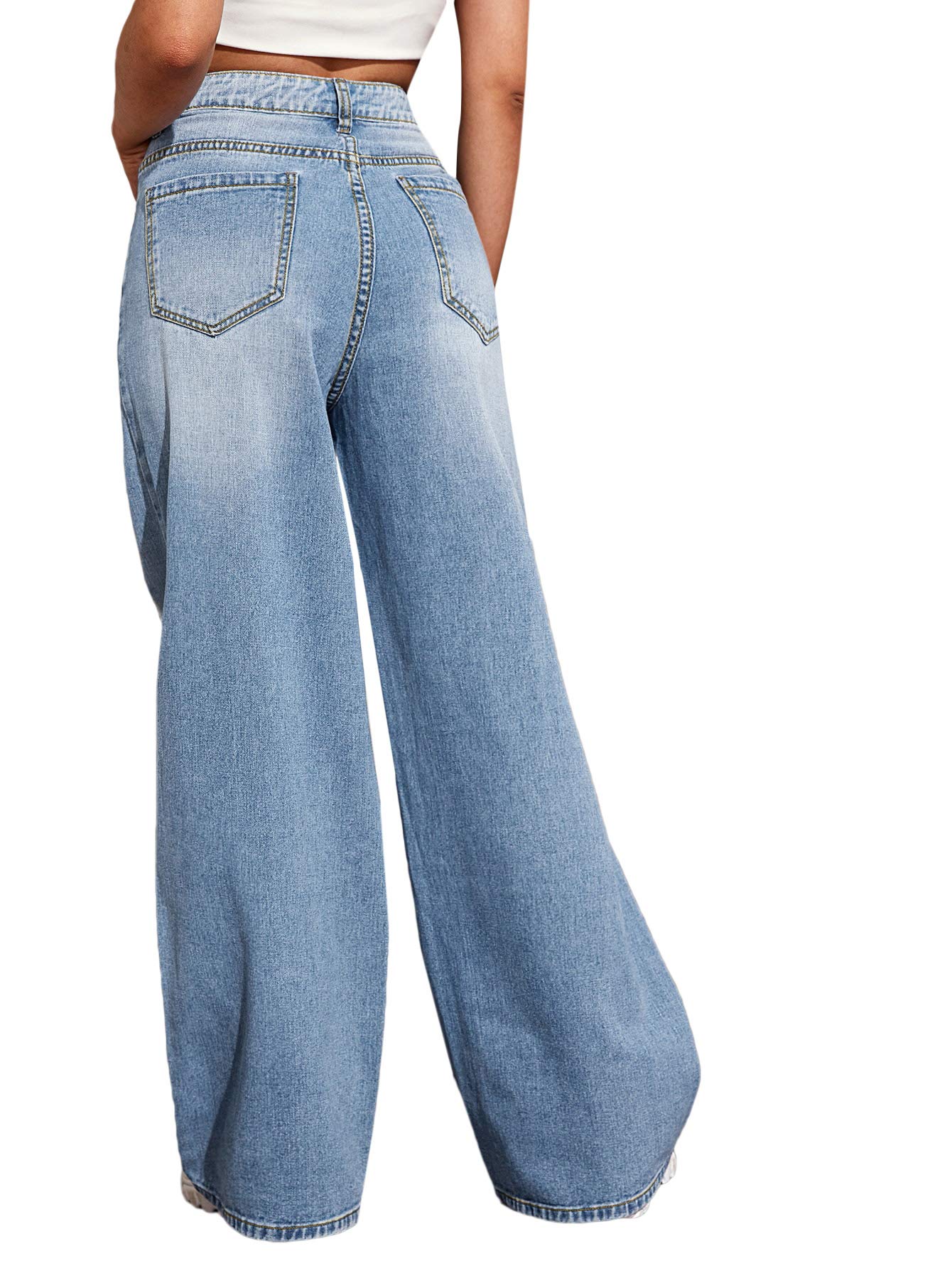 SweatyRocks Women's Casual Loose Ripped Denim Pants Distressed Wide Leg Jeans Light Blue L