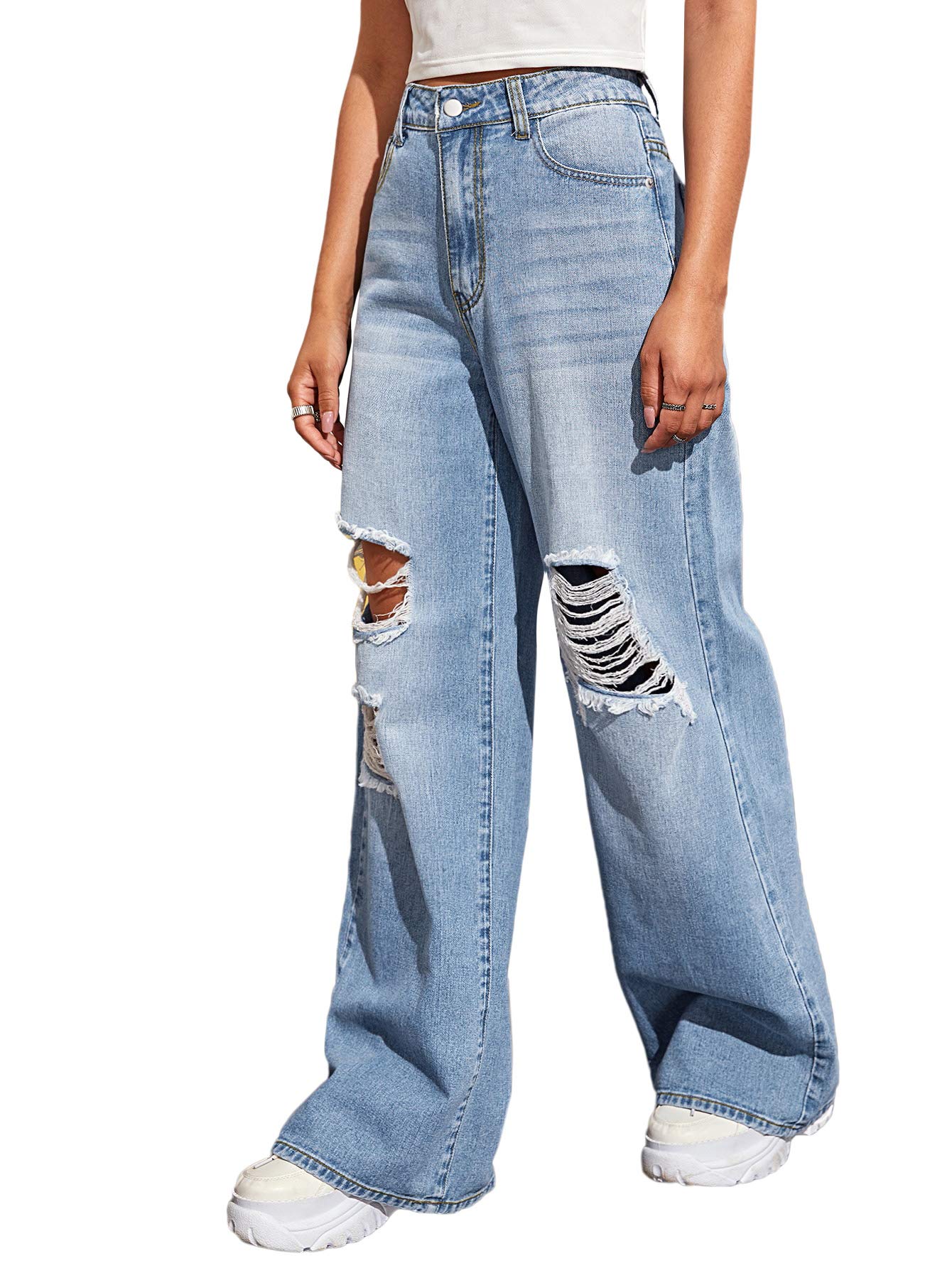 SweatyRocks Women's Casual Loose Ripped Denim Pants Distressed Wide Leg Jeans Light Blue L
