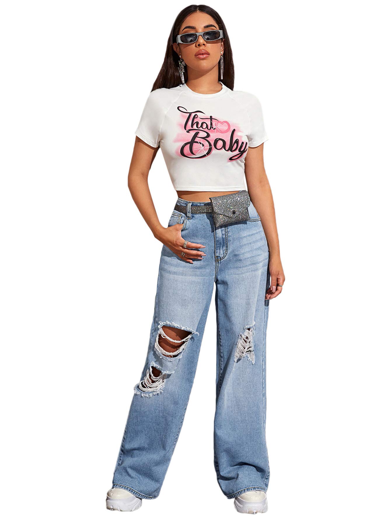 SweatyRocks Women's Casual Loose Ripped Denim Pants Distressed Wide Leg Jeans Light Blue L