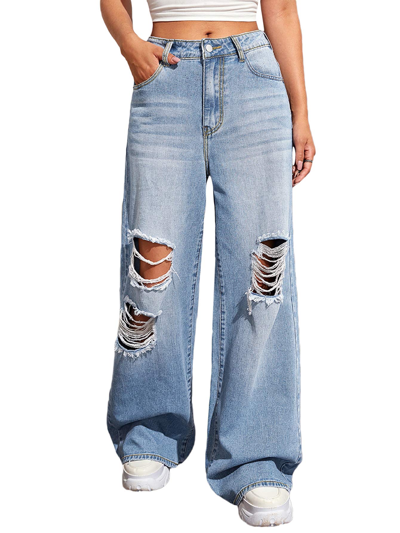 SweatyRocks Women's Casual Loose Ripped Denim Pants Distressed Wide Leg Jeans Light Blue L