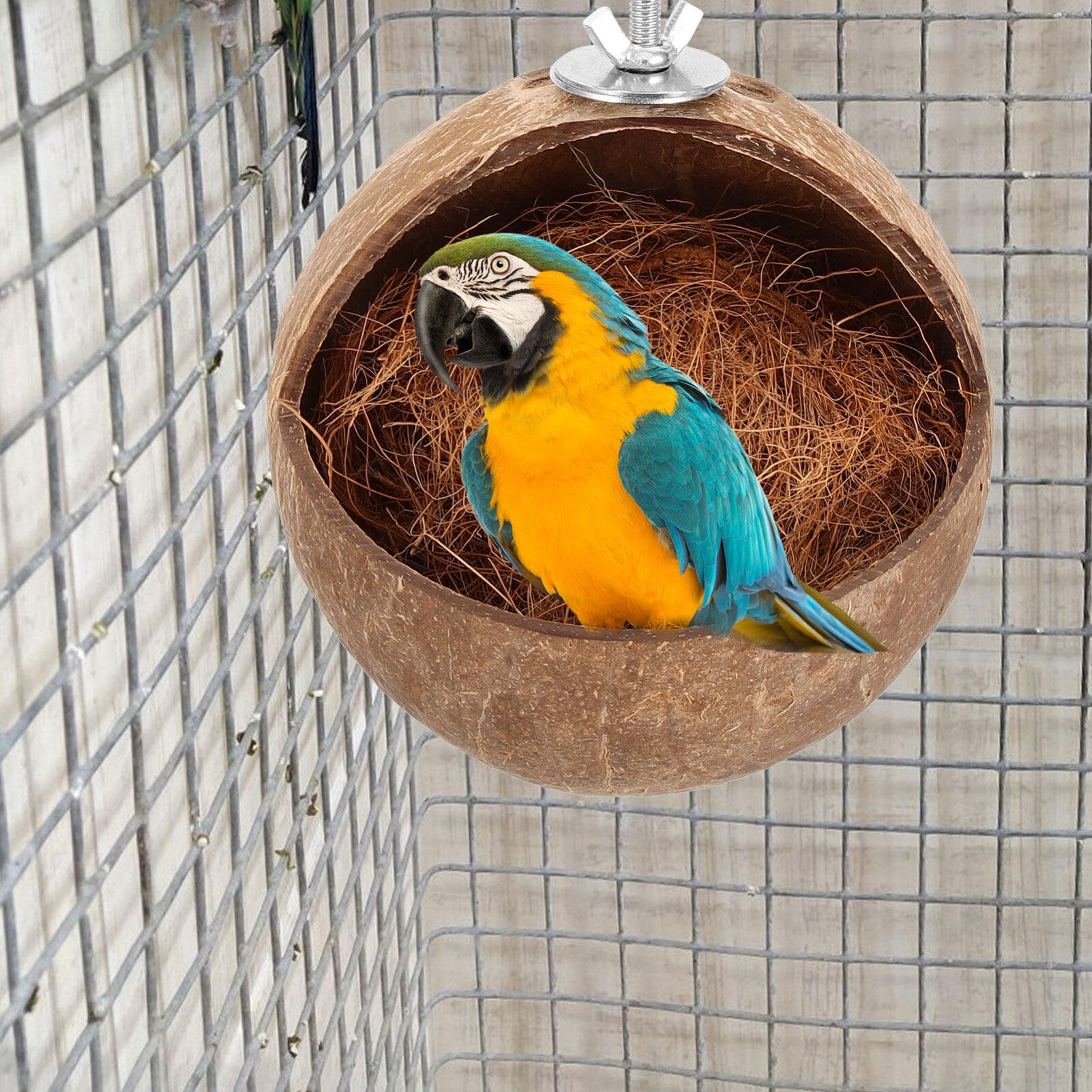 POPETPOP Coconuts Shell Birds Nest Natural Parrot Cage Nest Winter Warm House Hut Hanging Toy for Pet Parakeet Cockatiels Finch Hamster Rat