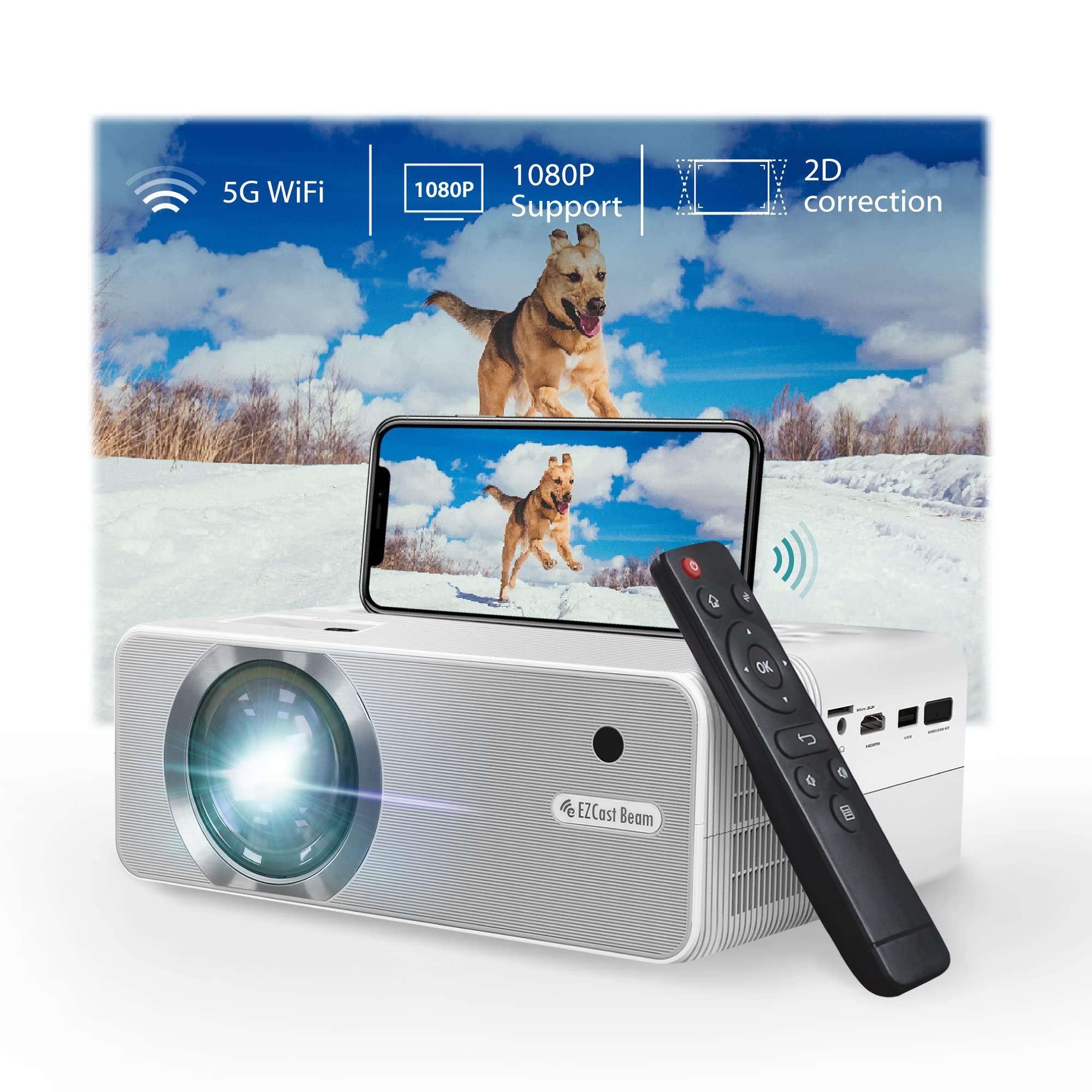 EZCast Beam V3, 2023 Upgraded Mini Projector, 10600 Lumens Multimedia Home Theater Video Projector, 1080P Full HD Supported, Compatible with HDMI, USB, Laptop, iOS & Android Phone, Xbox, PS5, TV Stick