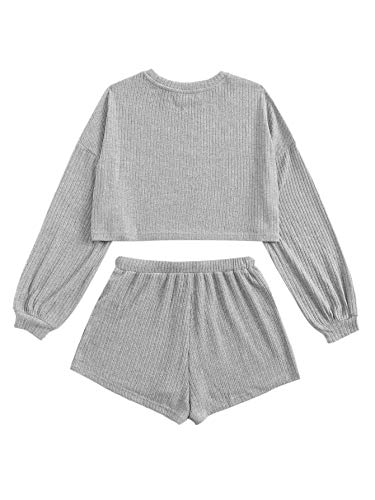 Verdusa Women's Rib Knit Long Sleeve Lounge Set 2 Piece PJ Set Nightwear Pajama Set Grey L