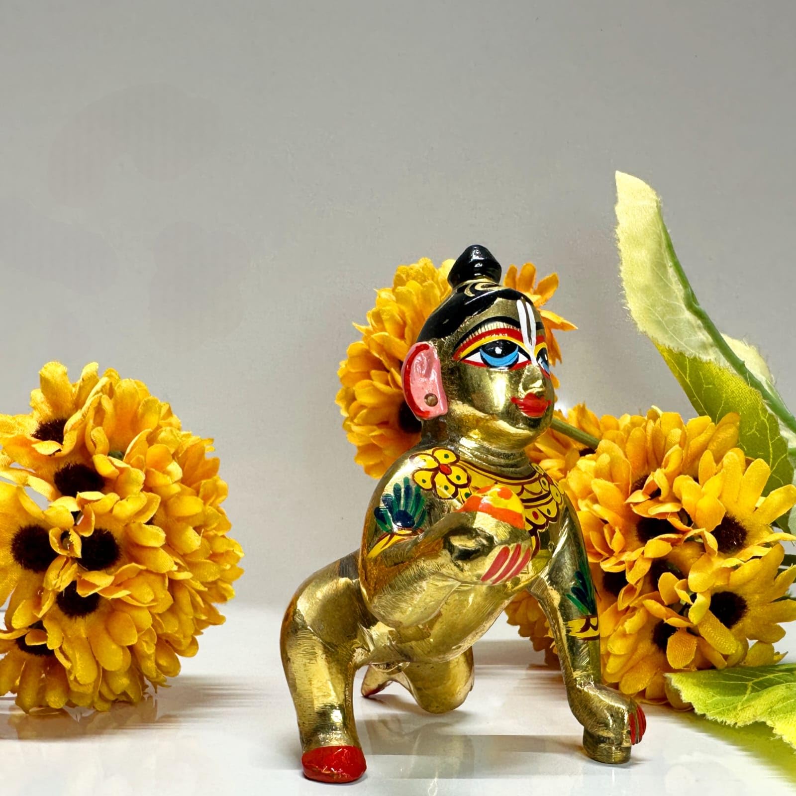 4OUR FAITH – Golden Painted Brass - (4") 10 cms - Laddoo Gopal Baby Krishna | Thakurji | Laddu Gopal Ji Murti Idol Statue Sculpture for Car/Office/Home/Gifting Use – Pack of 1 (Size 5)