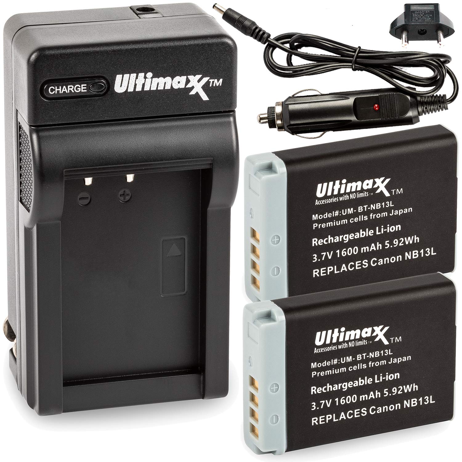 Ultimaxx Rapid Travel Charger with 2X NB-13L Extended Life Battery (1600mAh) for Canon PowerShot G1 X Mark III, G5 X, G7 X, G7 X Mark II, G9 X, G9 X Mark II, SX620 HS, SX720 HS, SX730 HS, SX740 HS