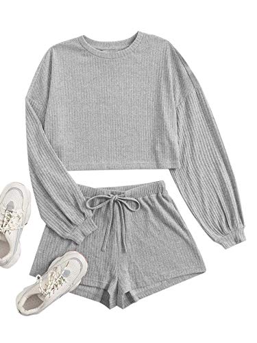 Verdusa Women's Rib Knit Long Sleeve Lounge Set 2 Piece PJ Set Nightwear Pajama Set Grey L