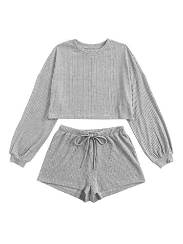 Verdusa Women's Rib Knit Long Sleeve Lounge Set 2 Piece PJ Set Nightwear Pajama Set Grey L