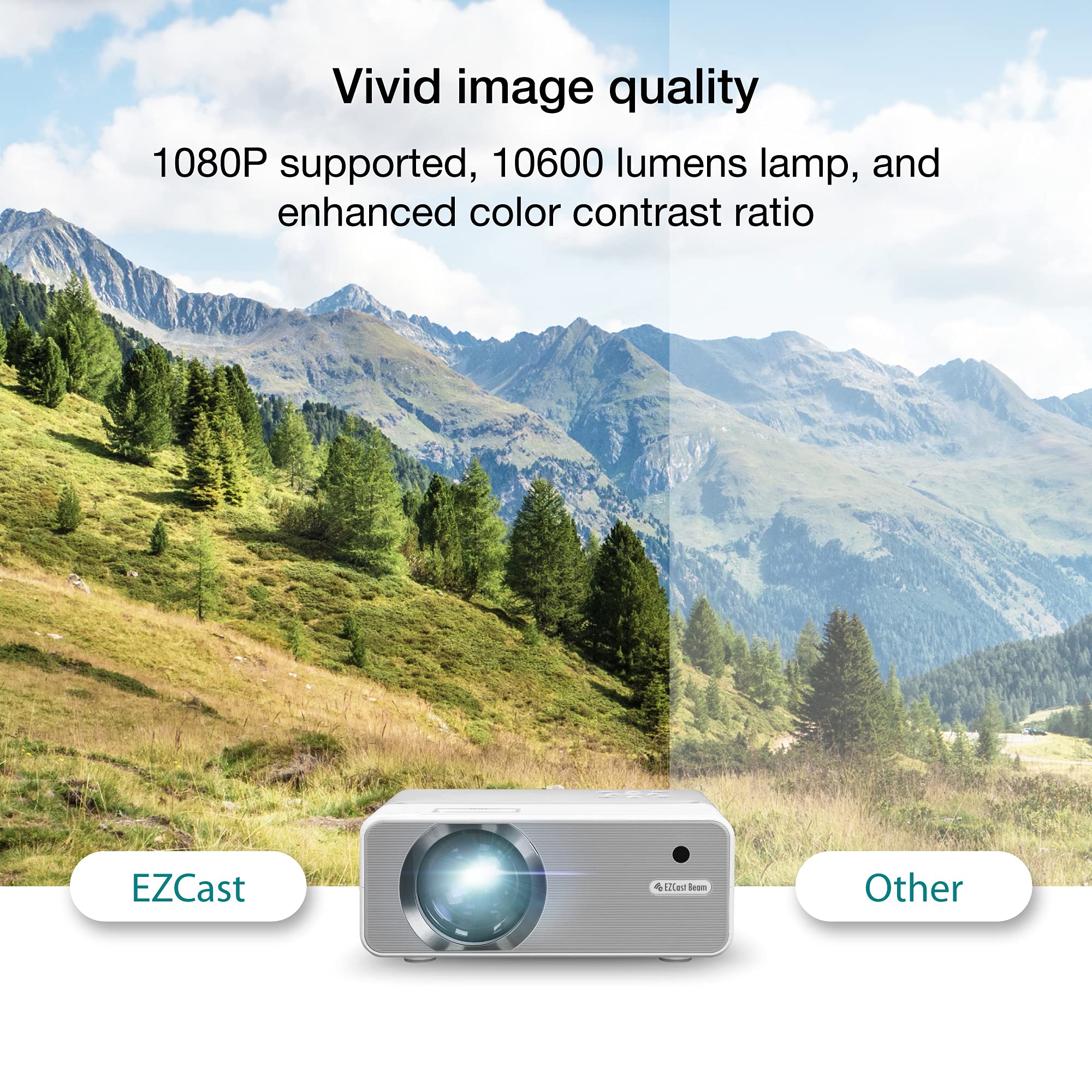 EZCast Beam V3, 2023 Upgraded Mini Projector, 10600 Lumens Multimedia Home Theater Video Projector, 1080P Full HD Supported, Compatible with HDMI, USB, Laptop, iOS & Android Phone, Xbox, PS5, TV Stick