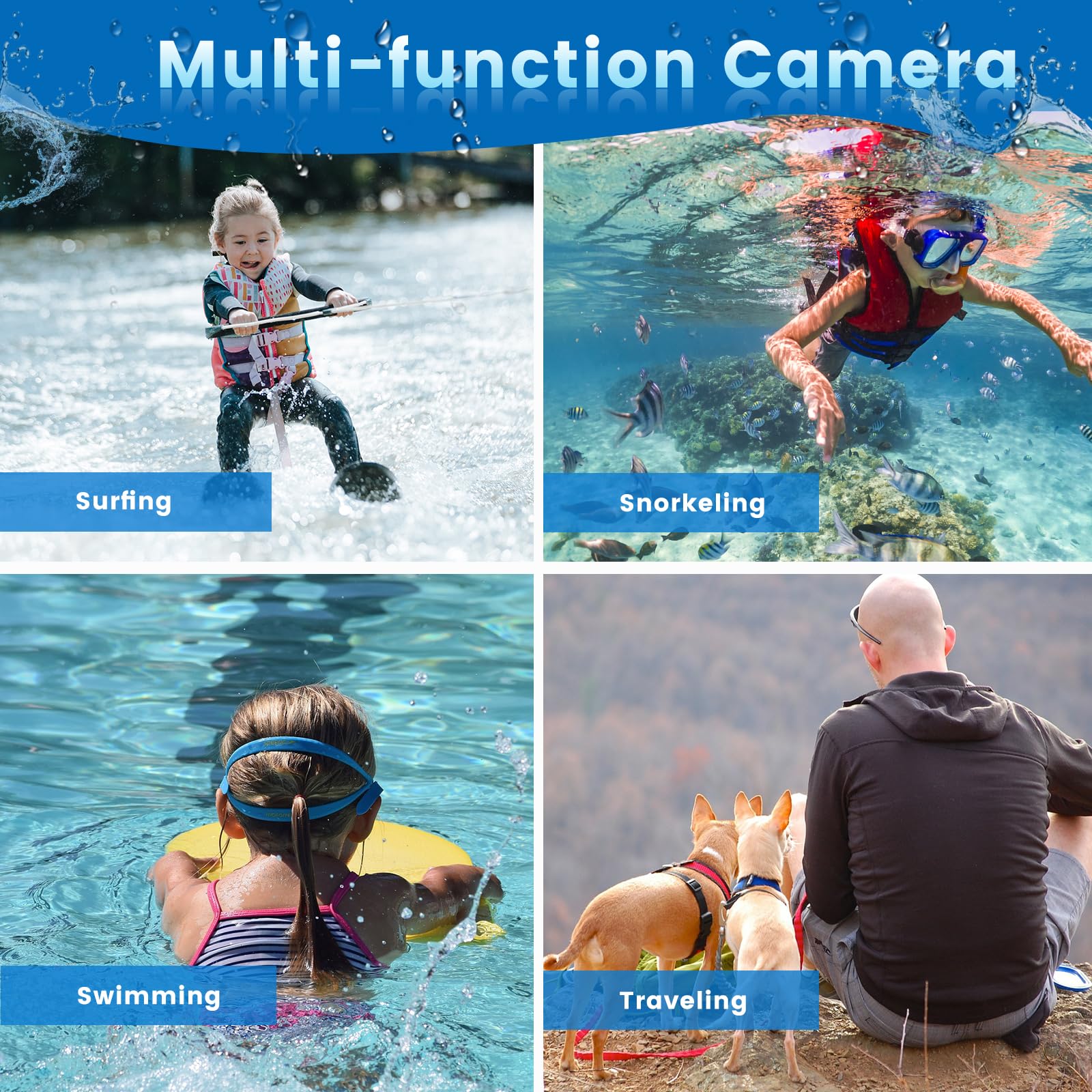 YEEIN Digital Camera 30MP Kids Digital Camera with 32G SD Card and Rechargeable Battery, 18X Digital Zoom Compact Portable Digital Camera for Snorkeling Swimming Blue, 8026BU