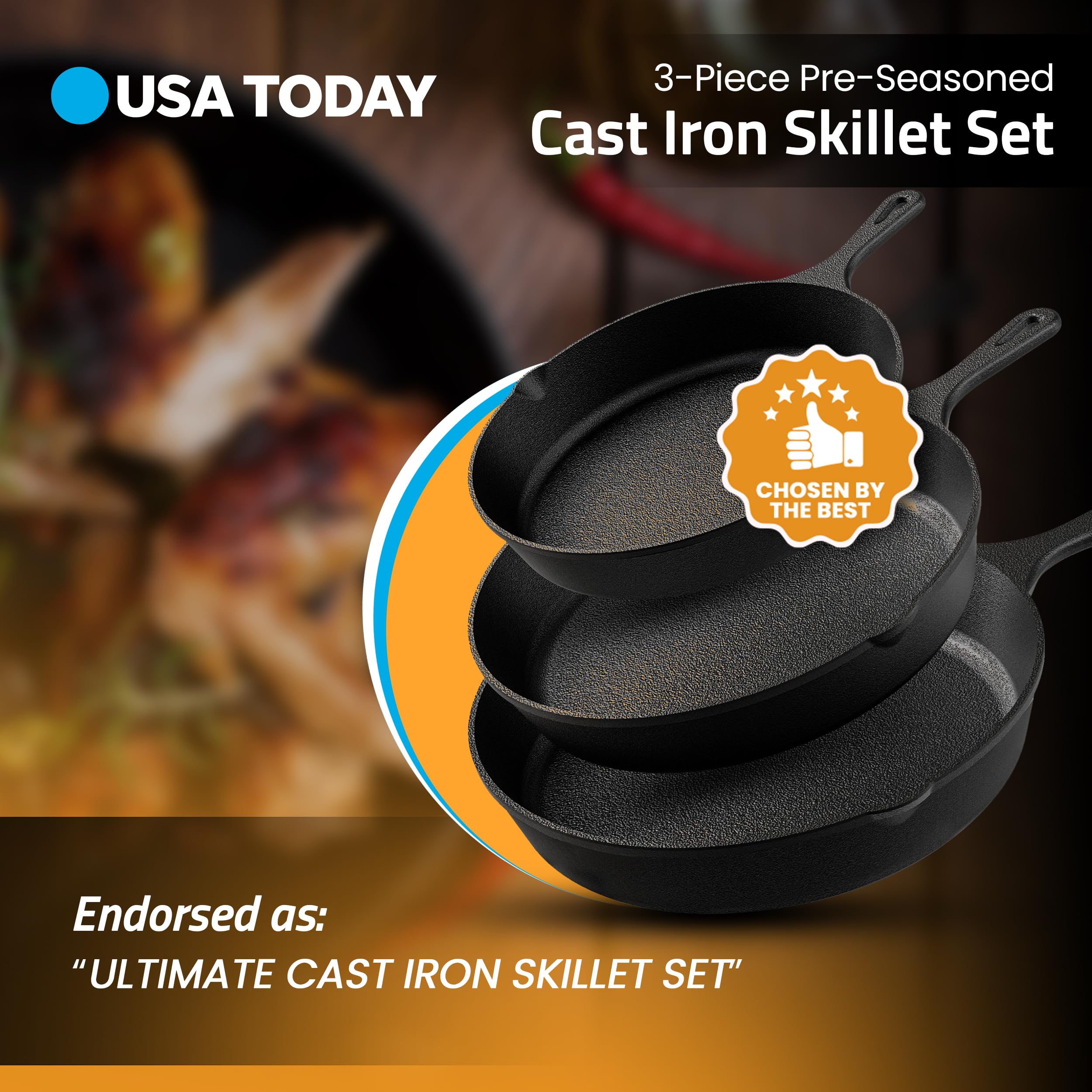 Utopia Kitchen Pre-Seasoned Cast Iron Skillet Set 3-Piece - 6 Inch, 8 Inch and 10 Inch Cast Iron Set (Black)
