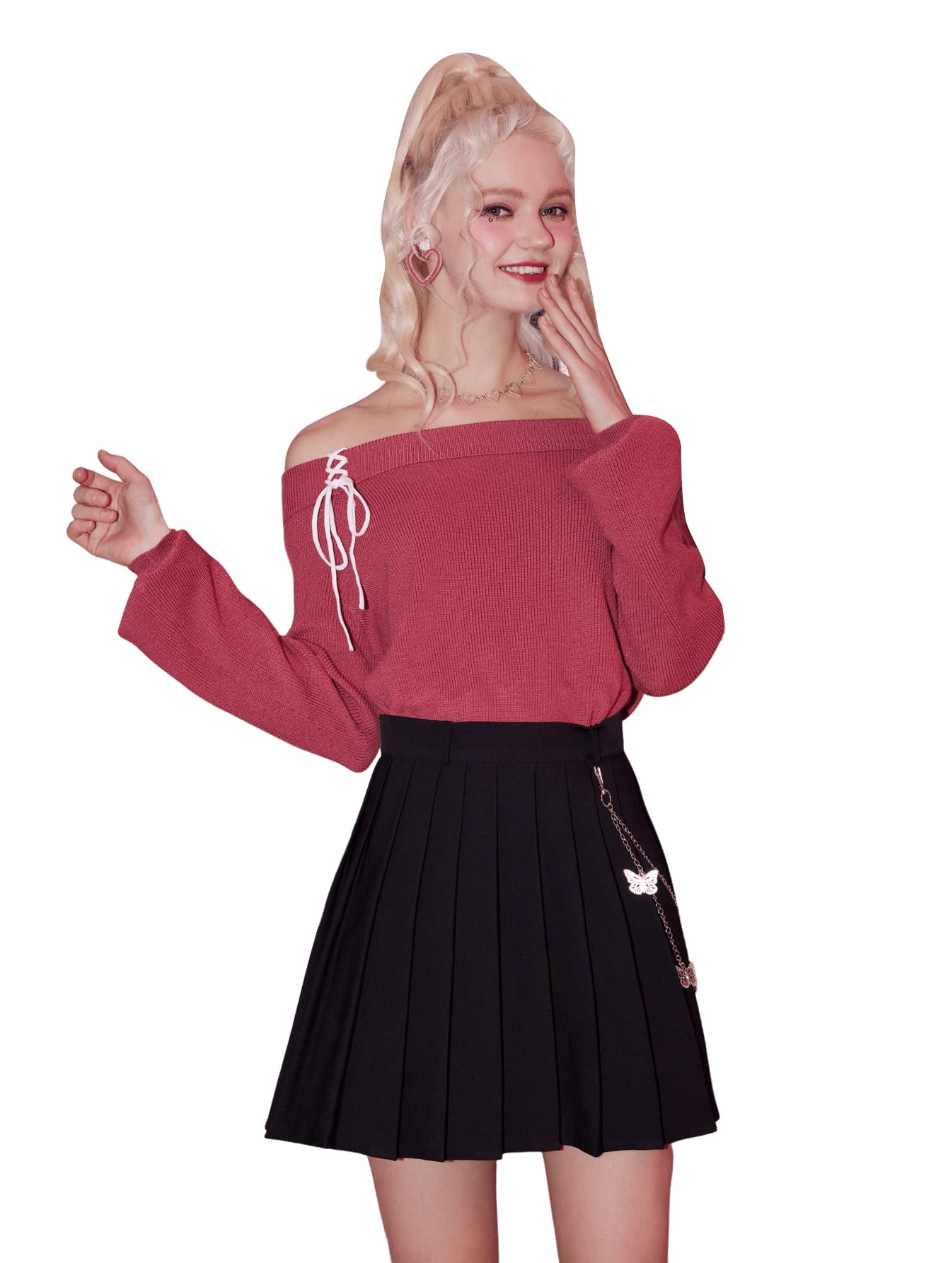 SweatyRocks Women's High Waisted A Line Pleated Skirt Cute Chain Skater Mini Skirts Black M