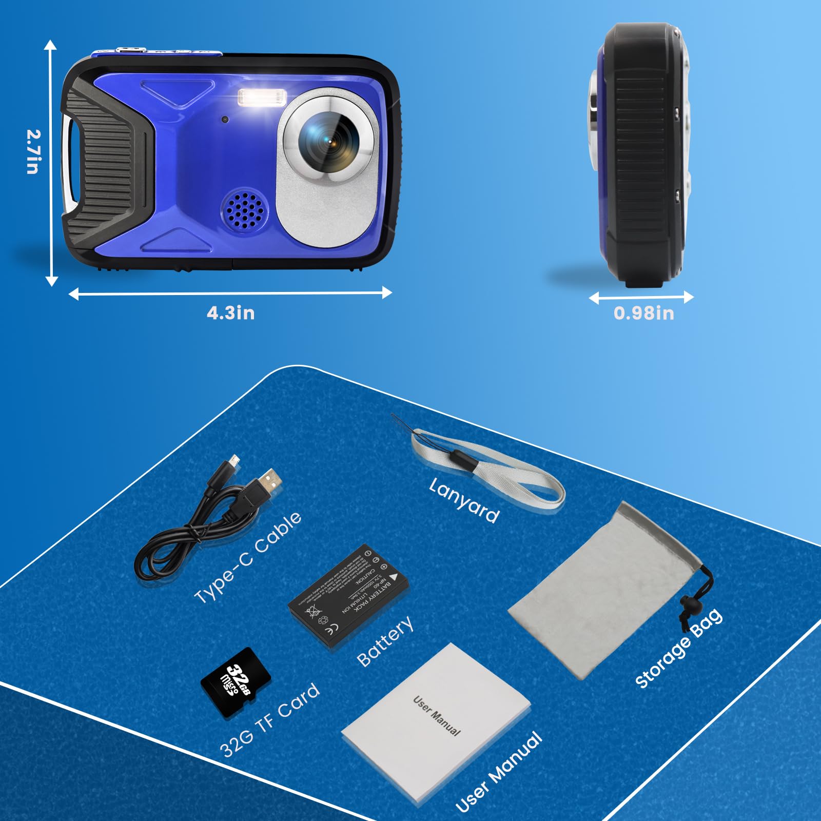 YEEIN Digital Camera 30MP Kids Digital Camera with 32G SD Card and Rechargeable Battery, 18X Digital Zoom Compact Portable Digital Camera for Snorkeling Swimming Blue, 8026BU