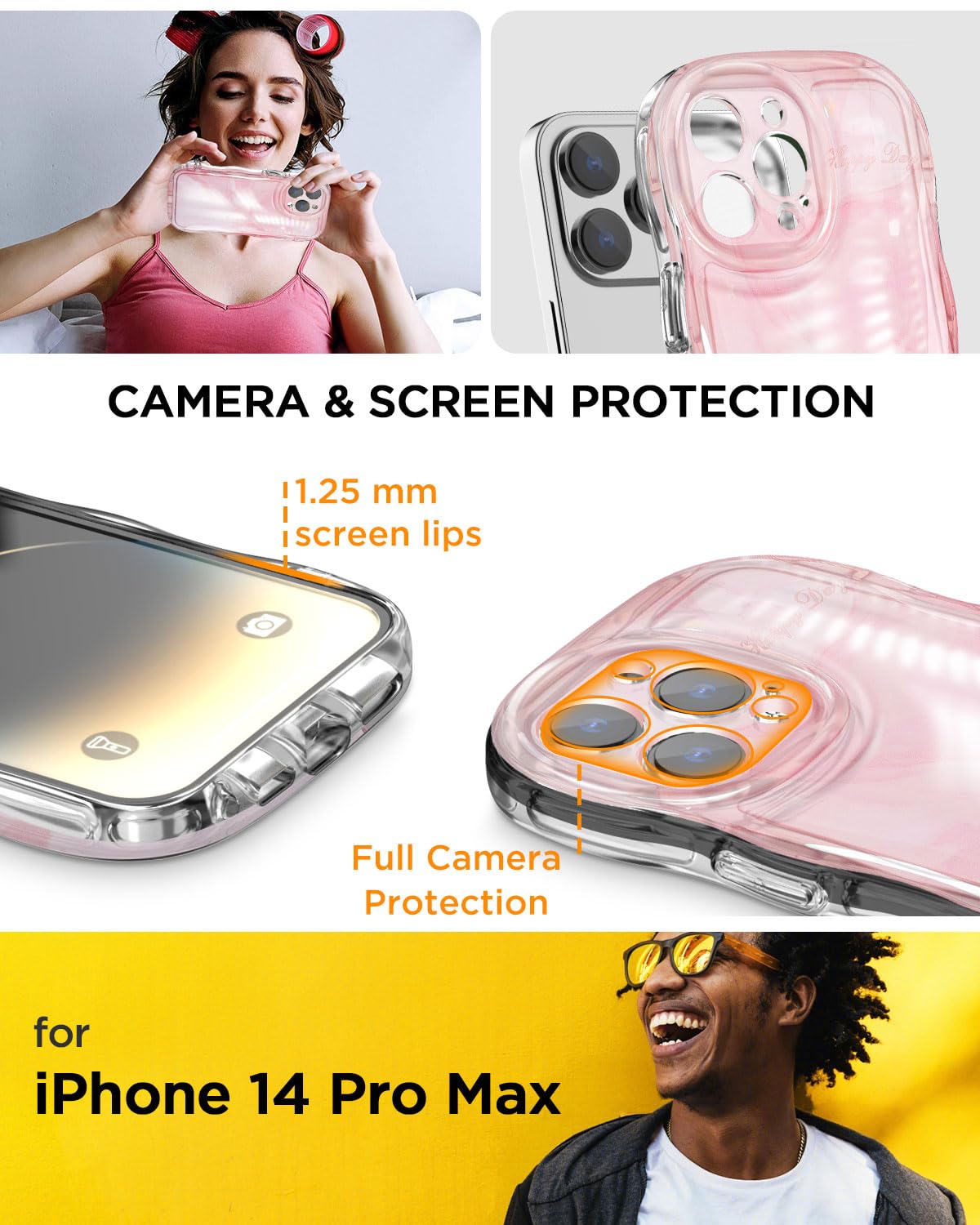 AICase iPhone 14 Pro Max Case Curly Wave Frame Cute Design with Full Camera Lens Protection,Aesthetic Kawaii Slim TPU Bumper Luxury Plated Shockproof Protective Transparent for Women Girls Men_3