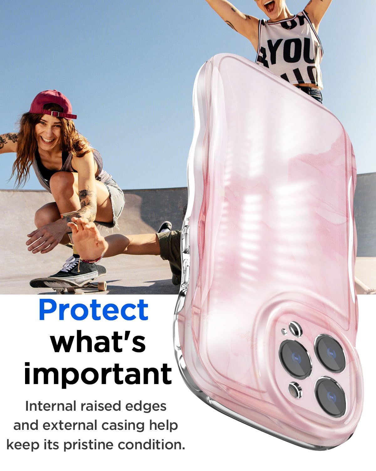 AICase iPhone 14 Pro Max Case Curly Wave Frame Cute Design with Full Camera Lens Protection,Aesthetic Kawaii Slim TPU Bumper Luxury Plated Shockproof Protective Transparent for Women Girls Men_3