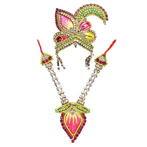 Aditri Creation Mala Mukut Set for Laddu Gopal/Devi Maa/Radha Krishna/Indian God Goddess Haar Sringar Set Deities jewellary Set for All God Idol Statue (Size:- 5, Color :- Pink,Green & Golden)