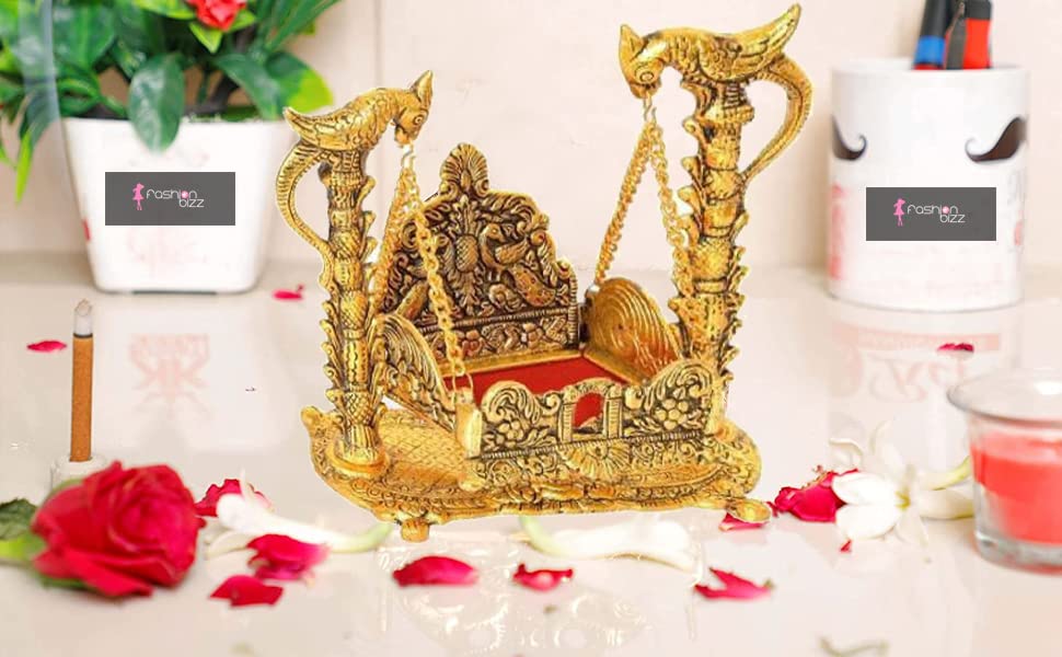 Fashion Bizz Metal Handicraft Laddu Gopal Jhula (Palna) for Home Temple, Krishna Jhula, Krishna ji Metal Singhasan (Gold_17.78 x 9.5 x 17.14 cm)