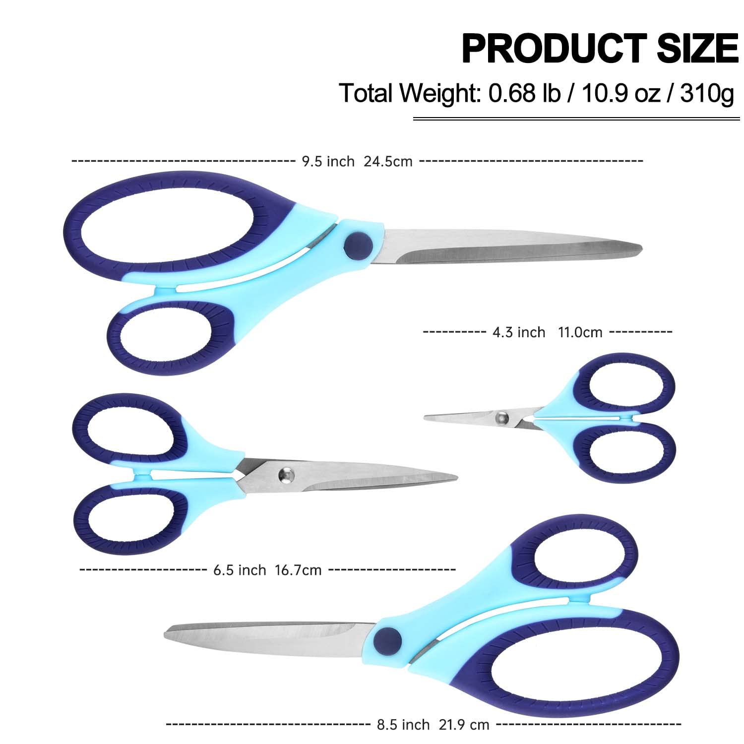 Craft Scissors Set of 4 Pack , All Purpose Sharp Blade Shears Rubber Soft Grip Handle, Multipurpose Fabric Scissors Tool Great for Adults, Office, Sewing, School and Home Supplies, Blue