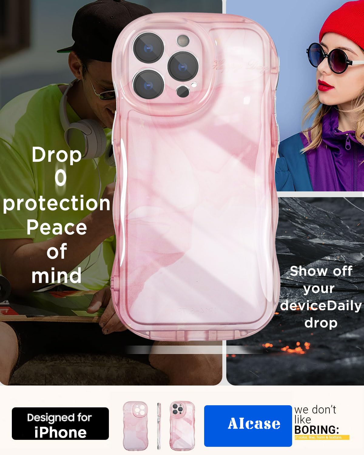 AICase iPhone 14 Pro Max Case Curly Wave Frame Cute Design with Full Camera Lens Protection,Aesthetic Kawaii Slim TPU Bumper Luxury Plated Shockproof Protective Transparent for Women Girls Men_3