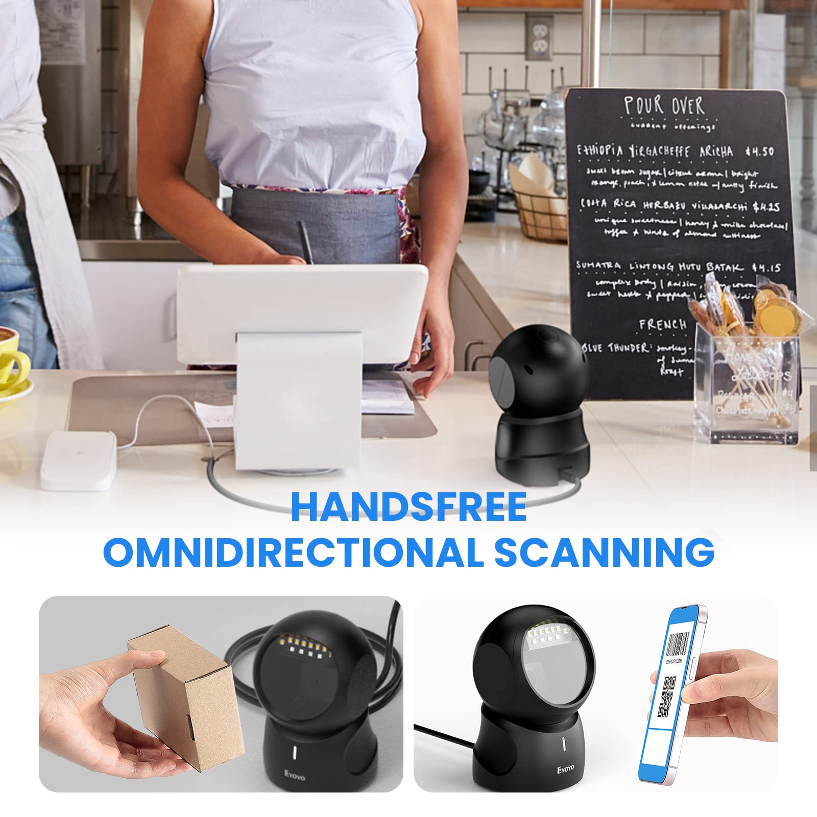 Eyoyo Barcode Scanner, QR 2D Hands-Free Omnidirectional Automatic Sensing Scanning USB Desktop Barcode Scanner, Wired Bar Code Reader Screen Scanning for POS PC Supermarket Library Retail Bookstore