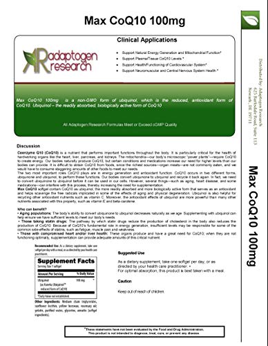Max CoQ10 100mg | Biologically Active Coenzyme Q10 Kaneka Ubiquinol | No Crystal High Dose | Readily Absorbed Supplement | 60 Softgels | Adaptogen Research