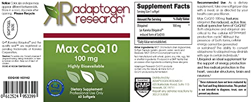 Max CoQ10 100mg | Biologically Active Coenzyme Q10 Kaneka Ubiquinol | No Crystal High Dose | Readily Absorbed Supplement | 60 Softgels | Adaptogen Research