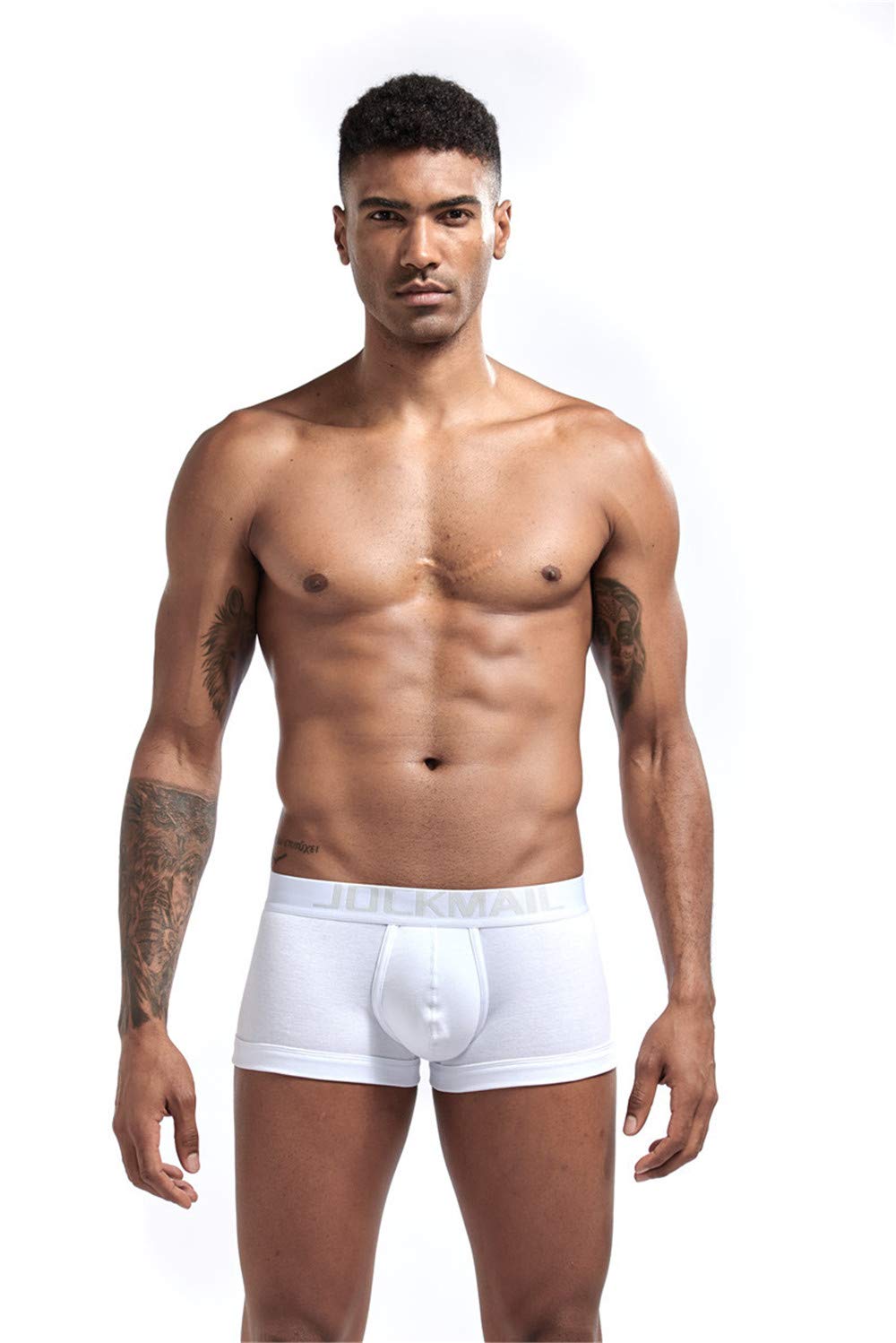 JOCKMAIL Cotton Men Boxer U Convex Pouch Adjustable Size Ring Cock Straps Men trunk Shorts (L, White)