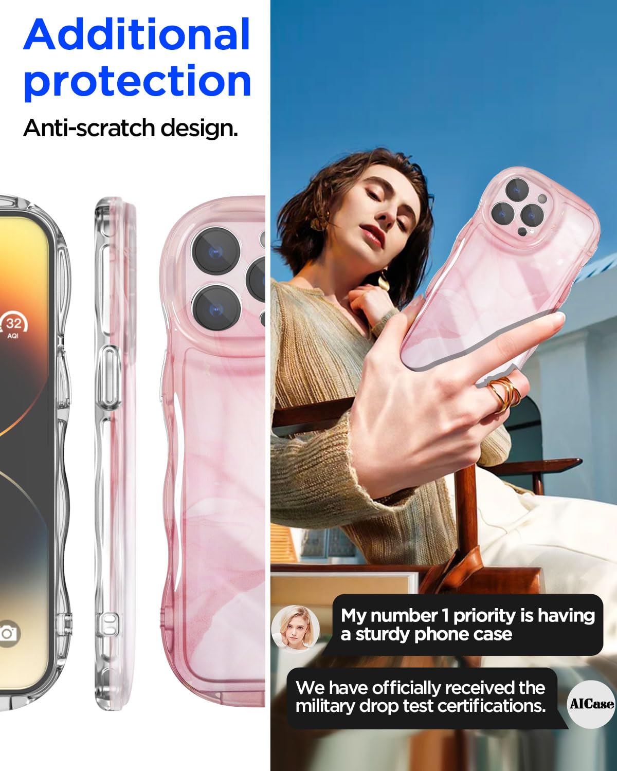AICase iPhone 14 Pro Max Case Curly Wave Frame Cute Design with Full Camera Lens Protection,Aesthetic Kawaii Slim TPU Bumper Luxury Plated Shockproof Protective Transparent for Women Girls Men_3