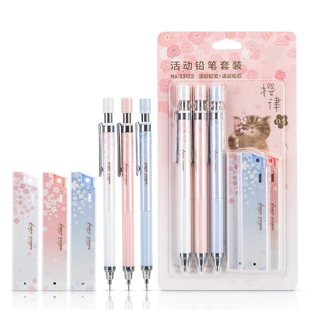 6 Pcs Mechanical Pencils, 0.5mm Kawaii Pencils Cute Pens Aesthetic with Lead Refills Cherry Blossom Kawaii Automatic Pens for School Office Writing Draft Drawing