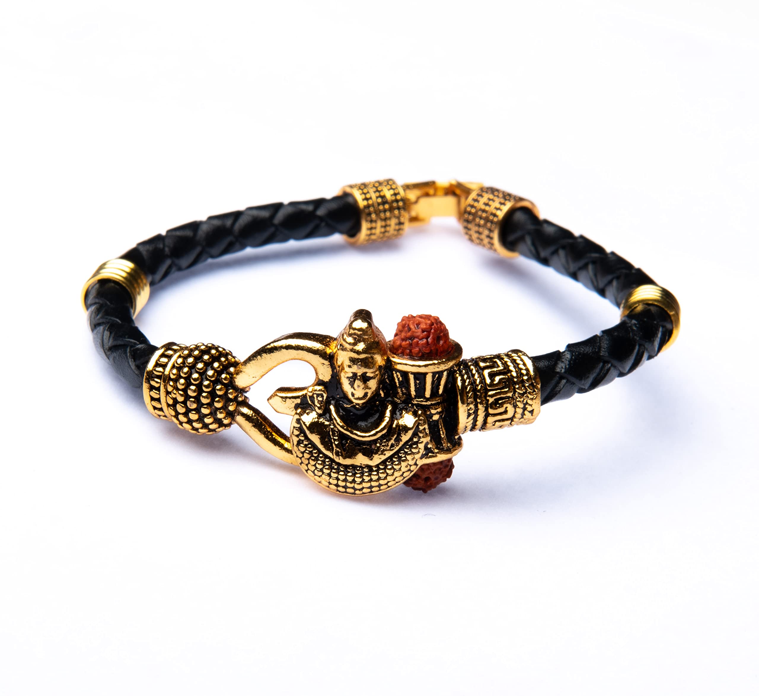 Rudraksha Shiv Om Trishul Damroo Kada , Lord Shiva Bahubali Cuff Bracelet | Religious Brass Kada | Free size Bracelet For Maha Shivratri (Shiv Murti _Leather)