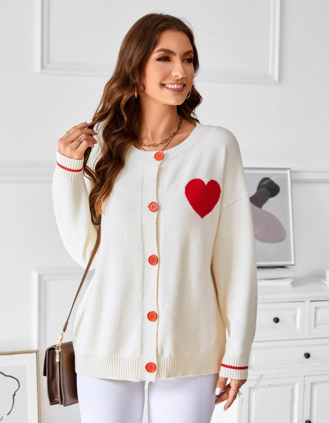 FindThy Women's Cute Cardigan Sweater Kawaii Love Heart Print Y2K Button Knitted Outerwear(0335-Beige-OneSize-LB)