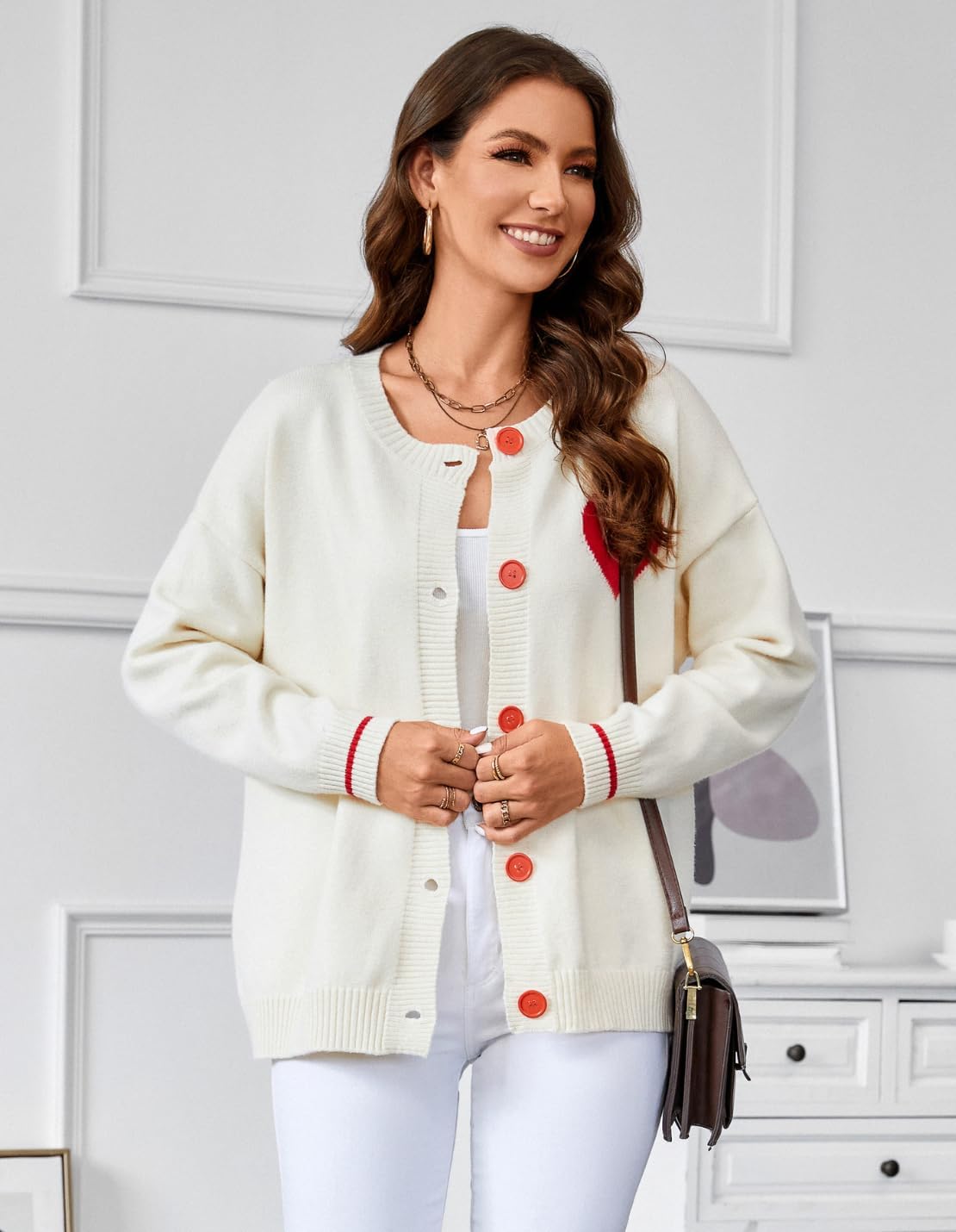 FindThy Women's Cute Cardigan Sweater Kawaii Love Heart Print Y2K Button Knitted Outerwear(0335-Beige-OneSize-LB)