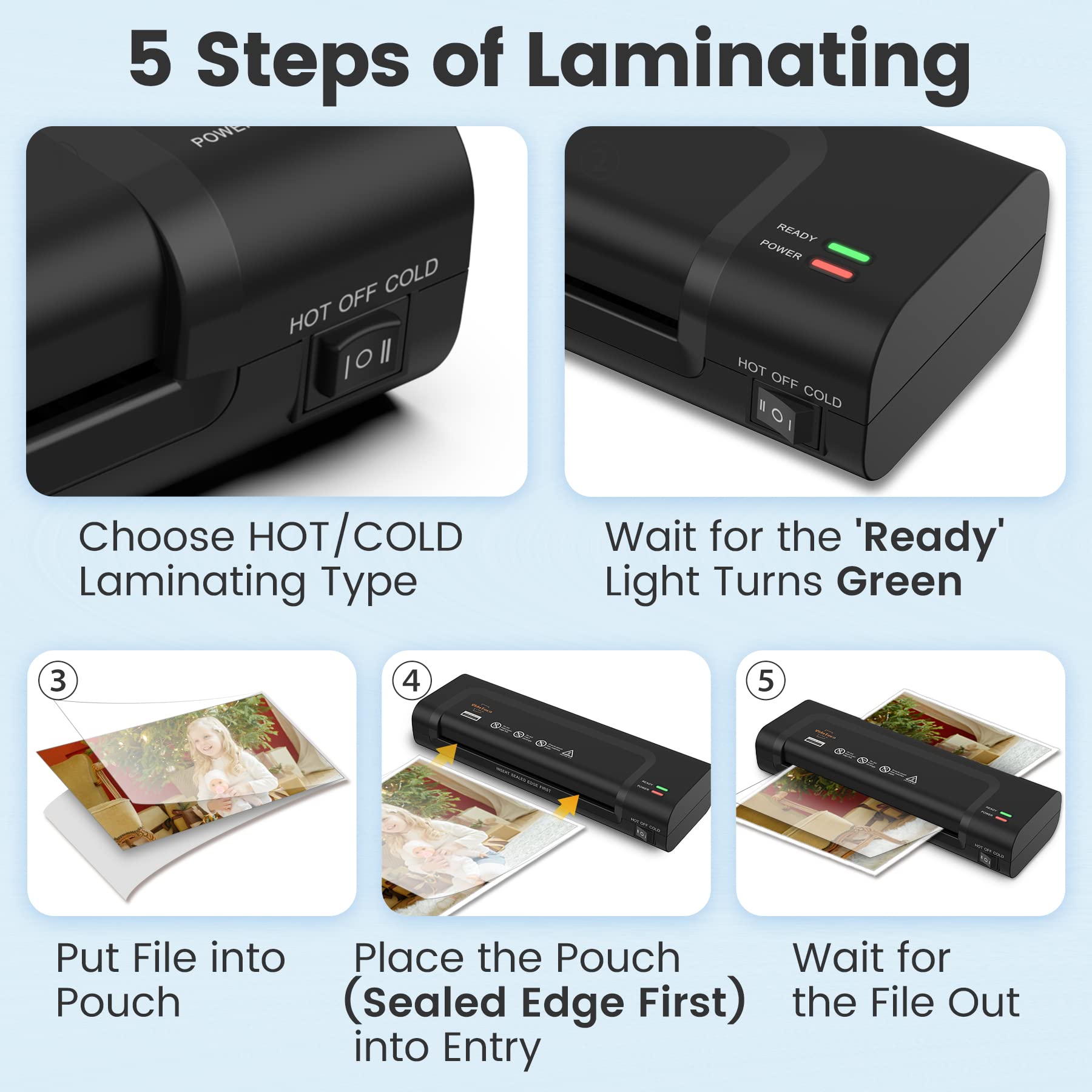 Laminator Machine,VidaTeco 9-inch Thermal&Cold Laminator with Laminating Sheets 20 pcs,Laminating Machine with 2-Min Faster Preheat,Personal Lamination Machine with Patented Roller for Teacher(Black)