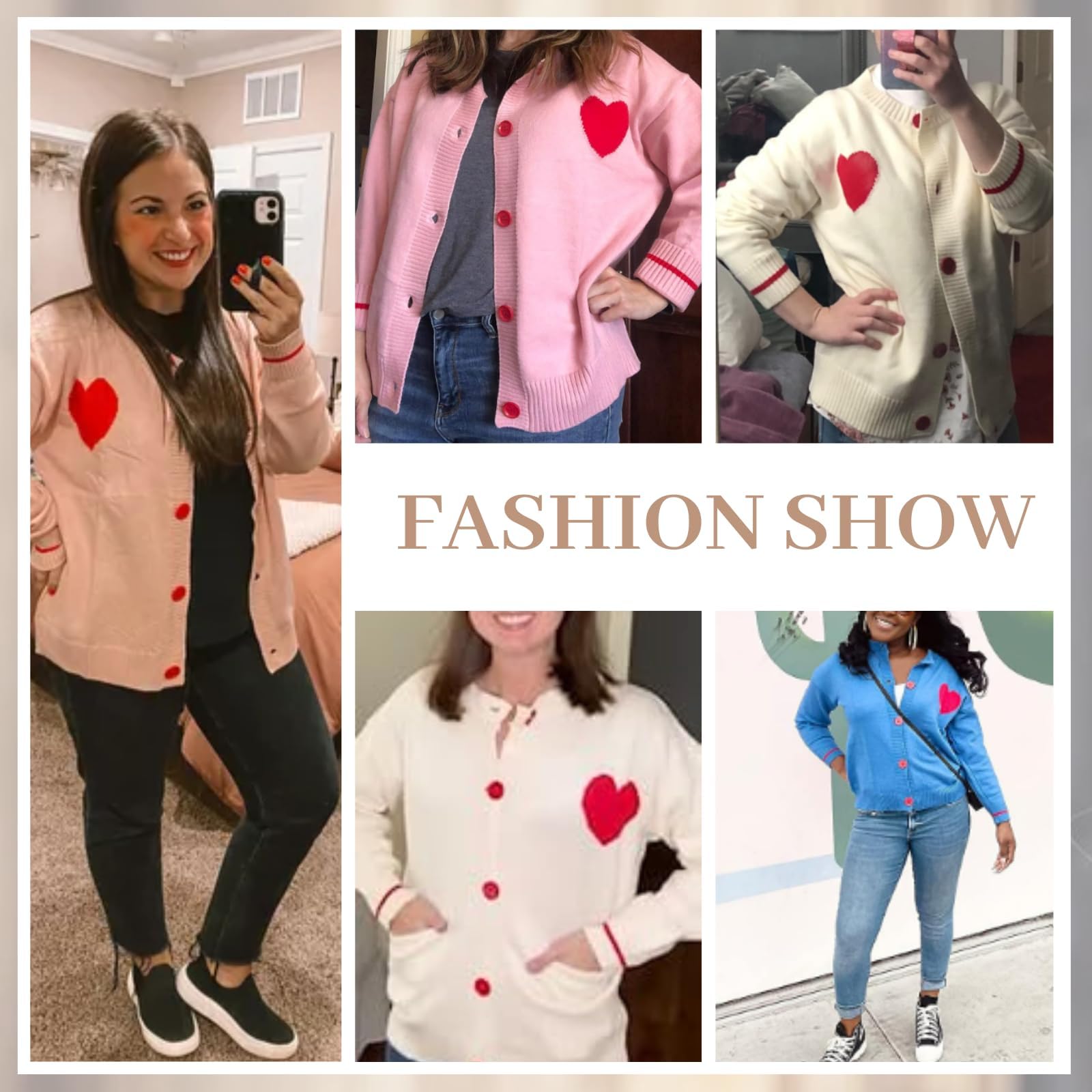 FindThy Women's Cute Cardigan Sweater Kawaii Love Heart Print Y2K Button Knitted Outerwear(0335-Beige-OneSize-LB)