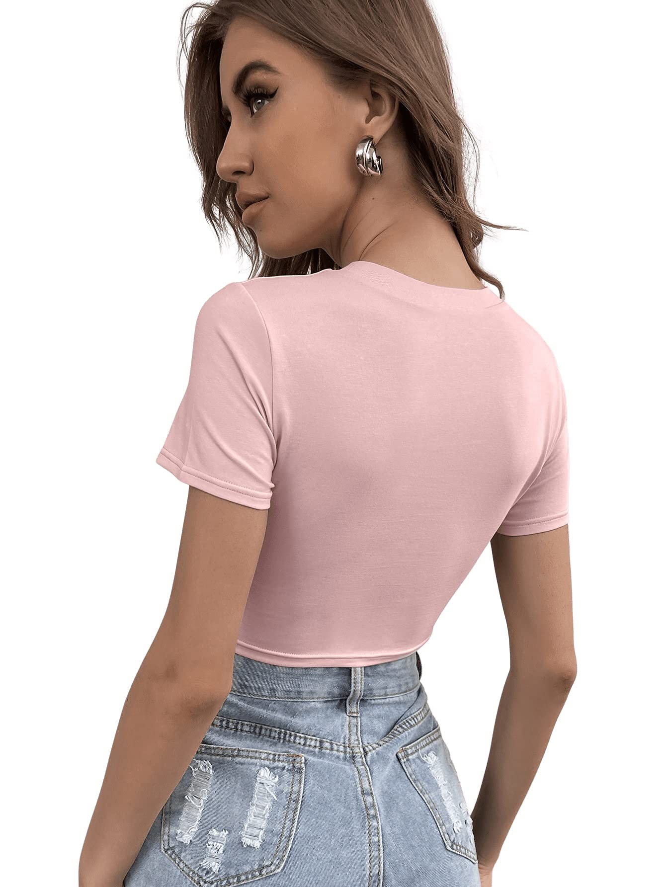 SOLY HUX Women's Summer Crop Top Short Sleeve T Shirt Cute Tee Light Pink L