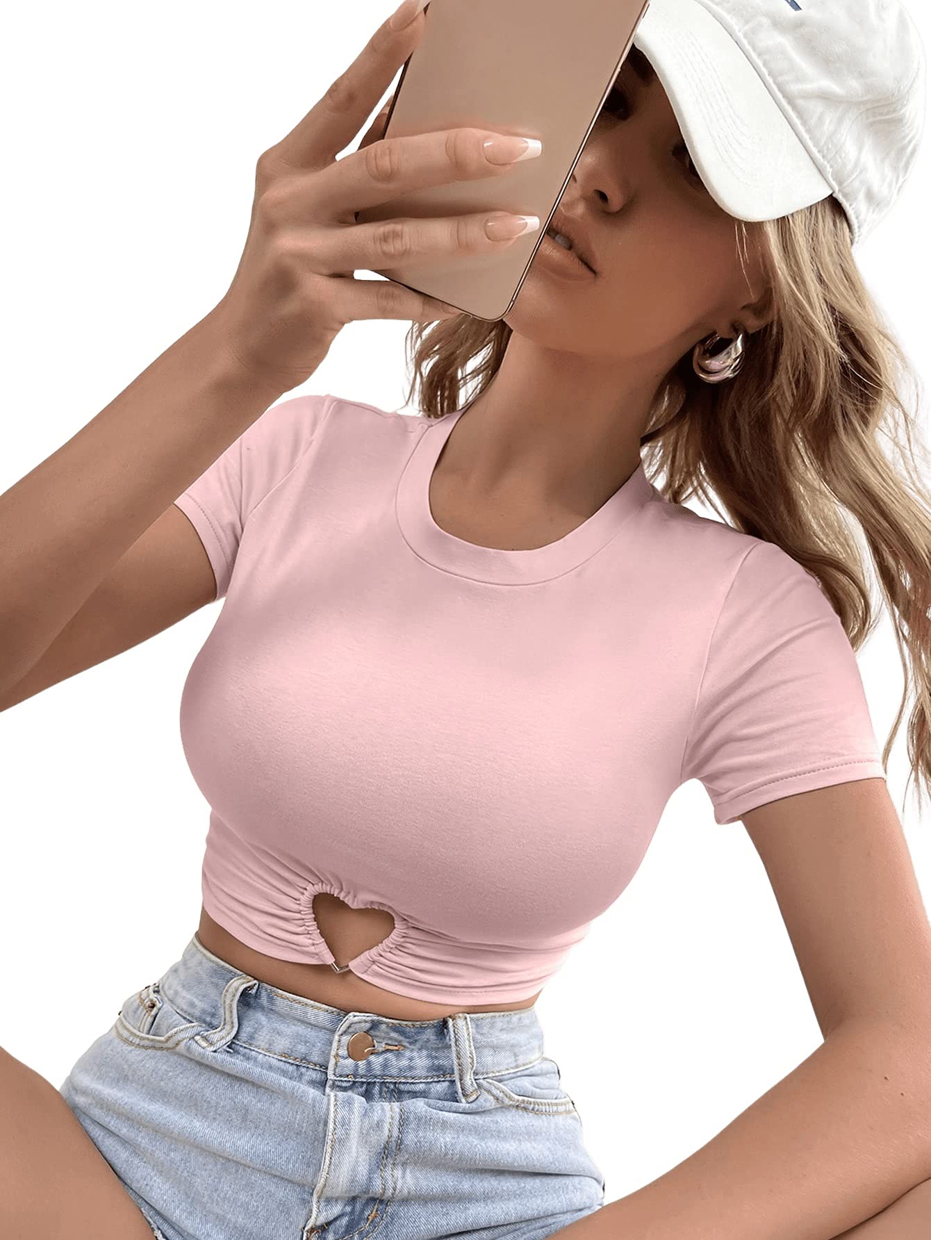 SOLY HUX Women's Summer Crop Top Short Sleeve T Shirt Cute Tee Light Pink L