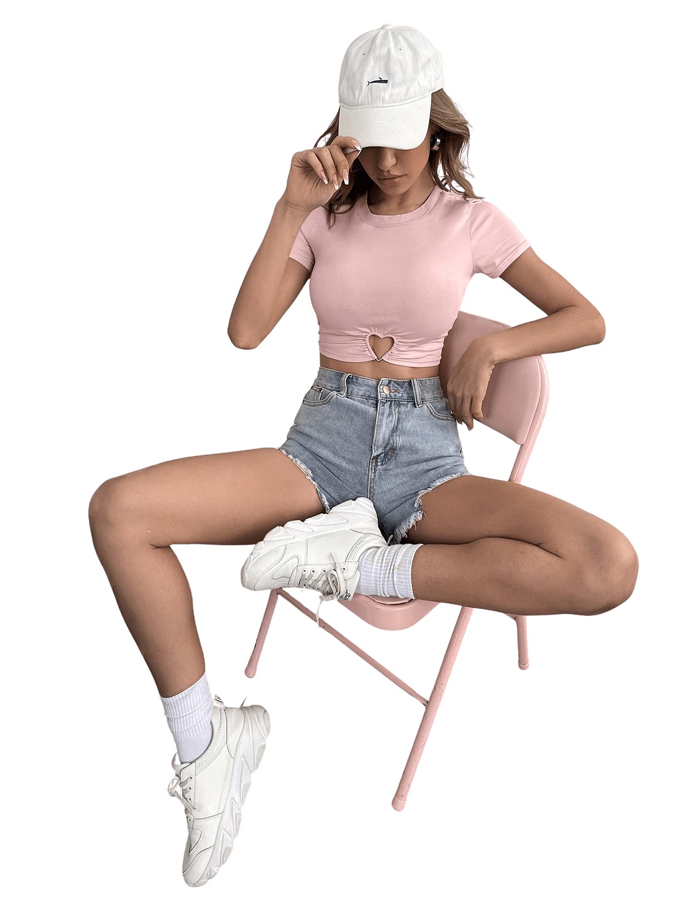 SOLY HUX Women's Summer Crop Top Short Sleeve T Shirt Cute Tee Light Pink L