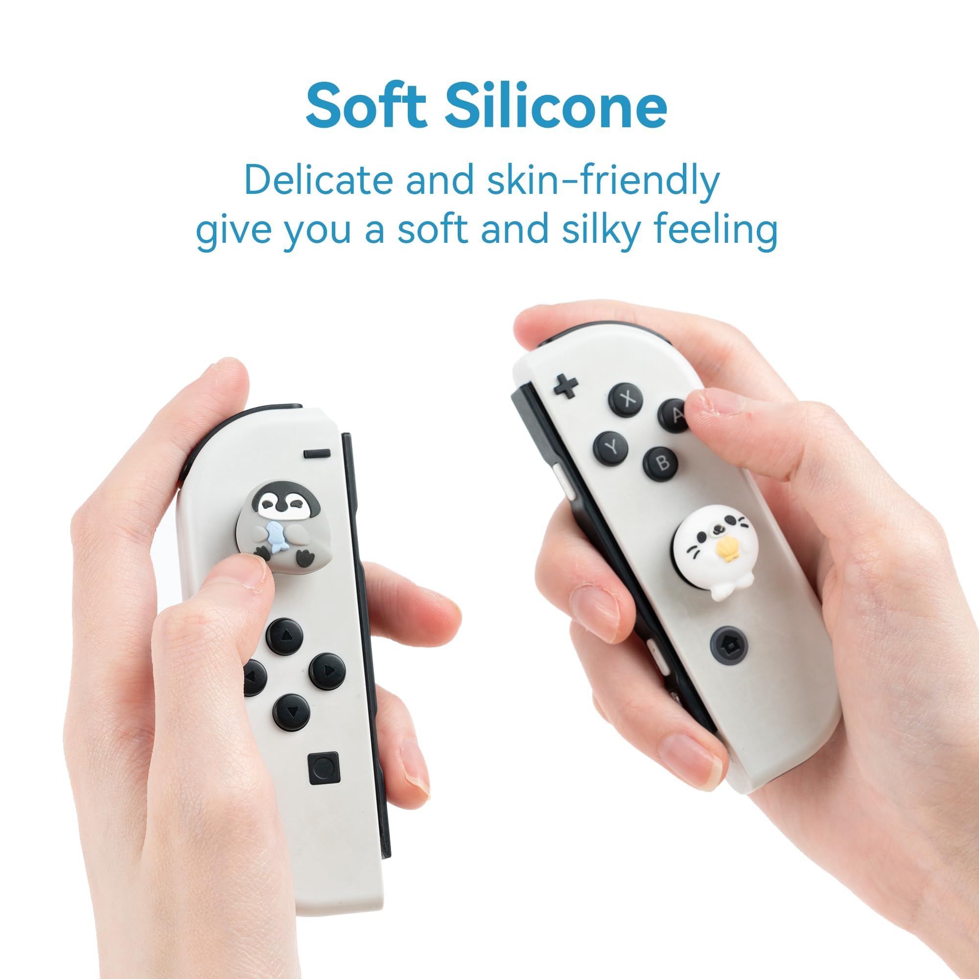 GeekShare Cute Silicone Joycon Thumb Grip Caps Kawaii Polar Animal Theme Thumbstick Caps Joystick Cover Compatible with Nintendo Switch/OLED/Switch Lite - 2Pairs/4PCS - Penguin & Seal