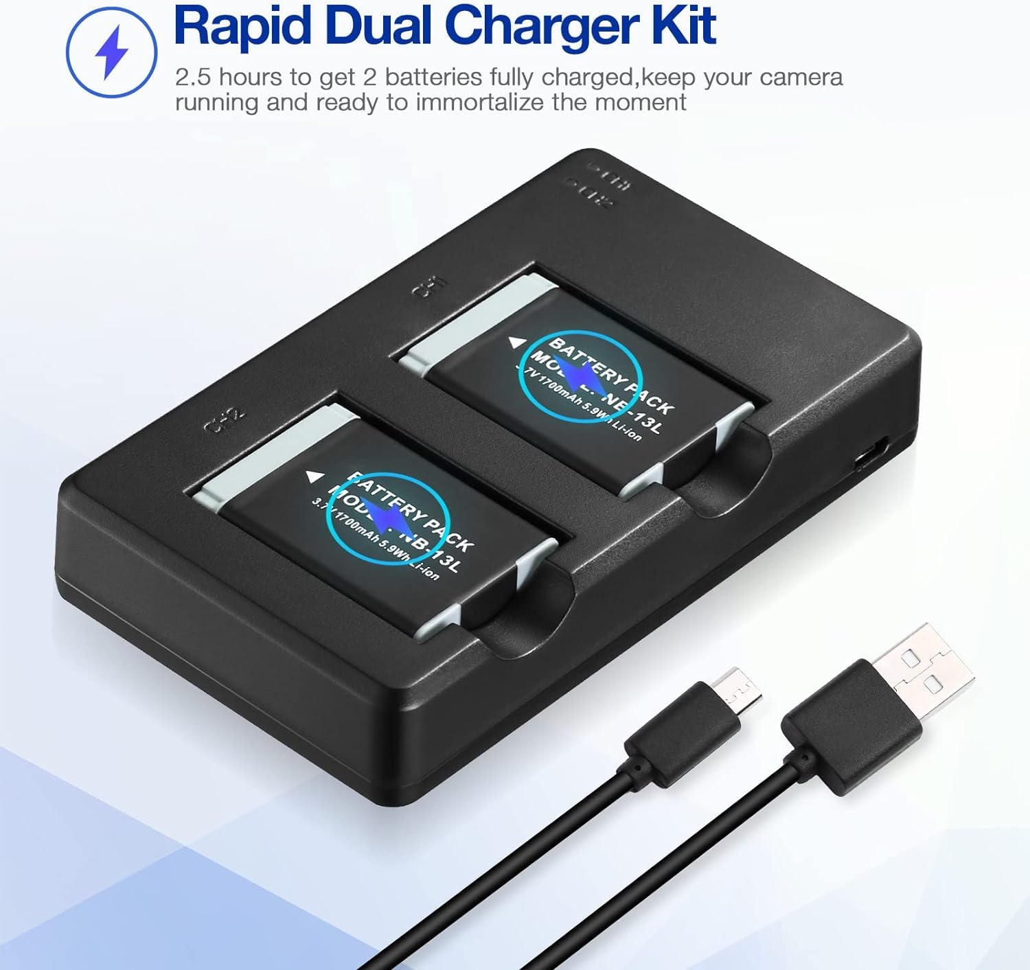 Powerextra 2-Pack NB-13L Battery and Rapid Dual USB Charger for Canon PowerShot G7 X Mark ii, G1 X Mark iii, G5 X, G7 X, G9 X, G9 X Mark ii, SX620 HS, SX720 HS, SX730 HS, SX740 HS Cameras