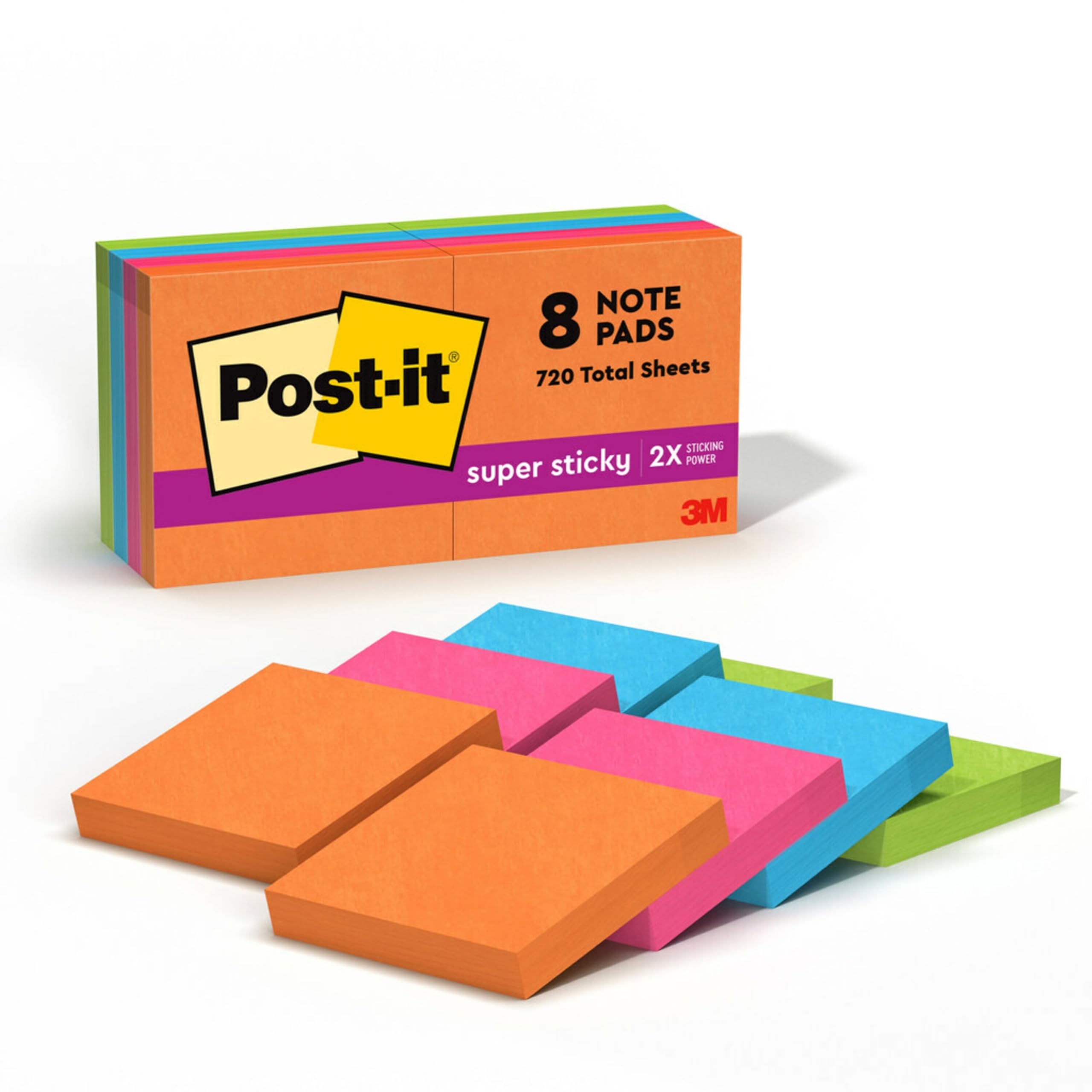 Post-it Super Sticky Notes, 2 in x 2 in, 8 Pads, 2x the Sticking Power, Rio de Janeiro Collection, Bright Colors (Orange, Pink, Blue, Green), Recyclable (622-8SSAU)