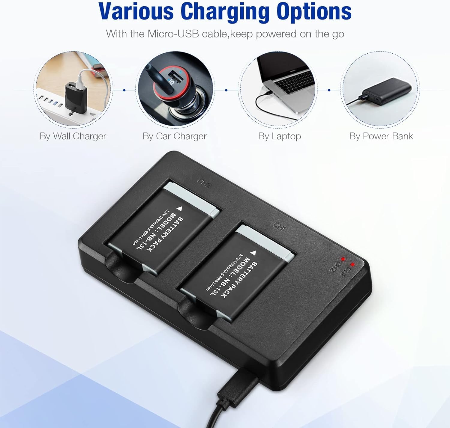 Powerextra 2-Pack NB-13L Battery and Rapid Dual USB Charger for Canon PowerShot G7 X Mark ii, G1 X Mark iii, G5 X, G7 X, G9 X, G9 X Mark ii, SX620 HS, SX720 HS, SX730 HS, SX740 HS Cameras
